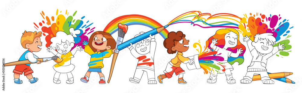 Children paint each other with paint in different colors. Black and ...