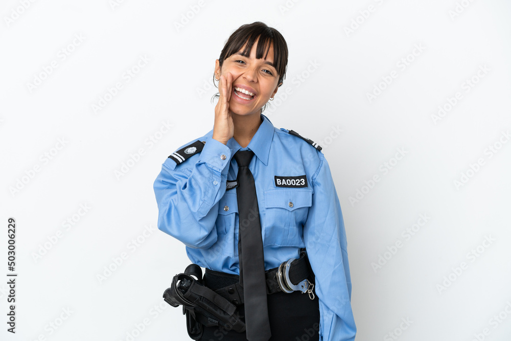 Young police mixed race woman isolated background shouting with mouth ...
