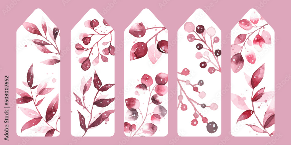 Vector illustration Set of five bookmarks decorated with botanical art ...