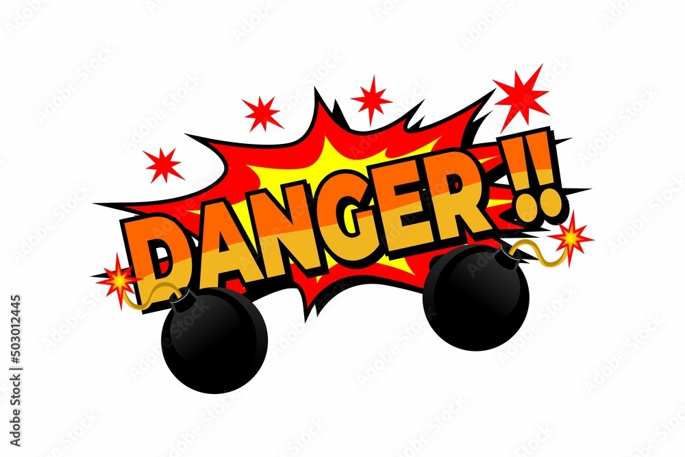 vector illustration of danger writing, comic style with bomb icon, in ...