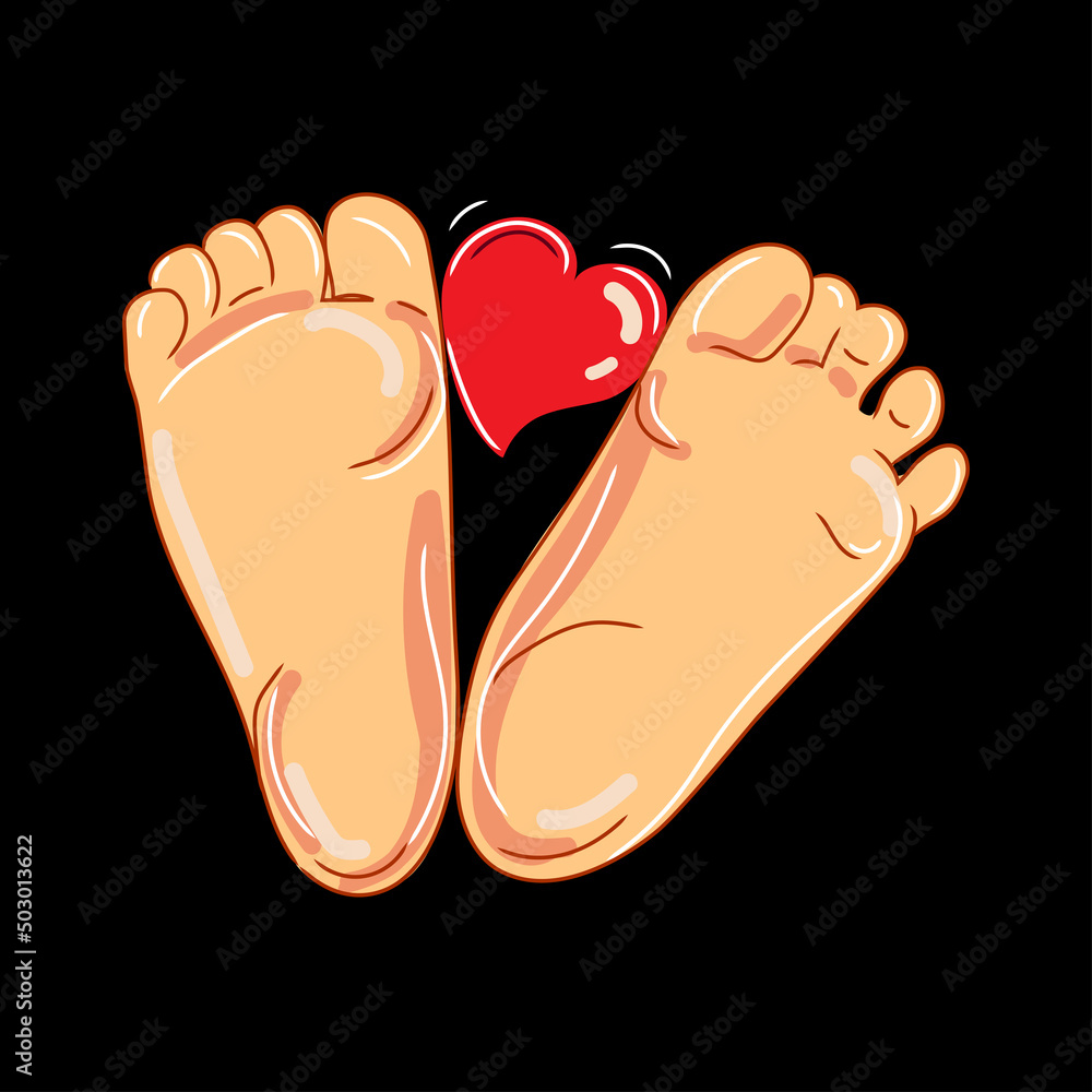 Vector cartoon baby foot with heart on black background.New born sign ...
