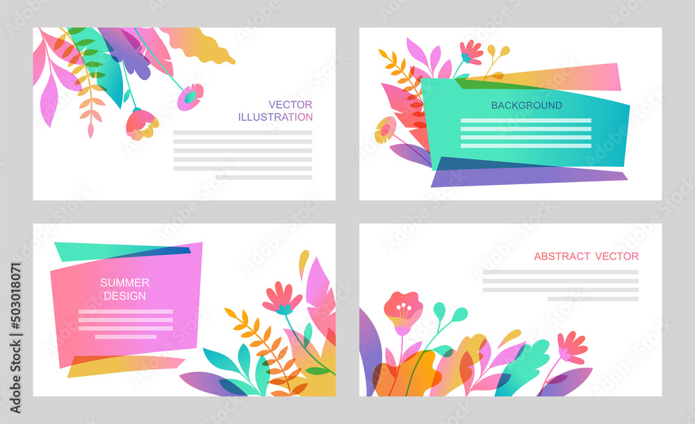 Set of vector abstract cards with leaves and flowers. Horizontal ...