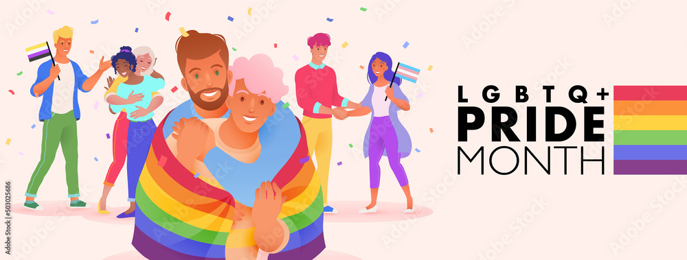LGBTQ plus PRIDE month banner with diverse people supporting LGBT ...