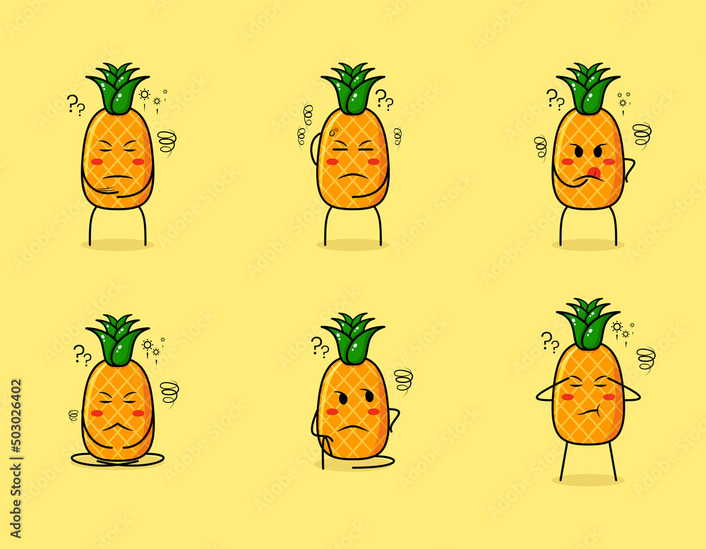 collection of cute pineapple cartoon character with thinking ...