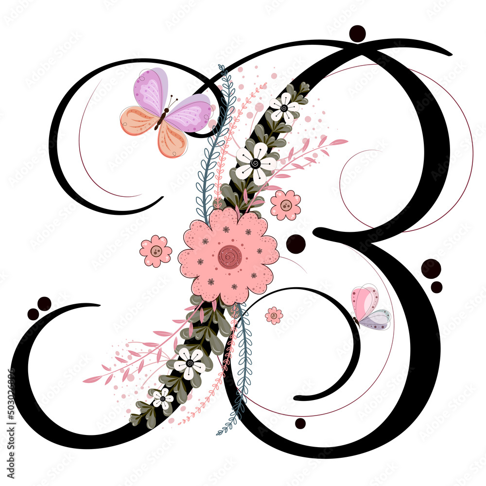 Alphabet ornaments. LETTER B floral vector with flowers, butterfly and ...