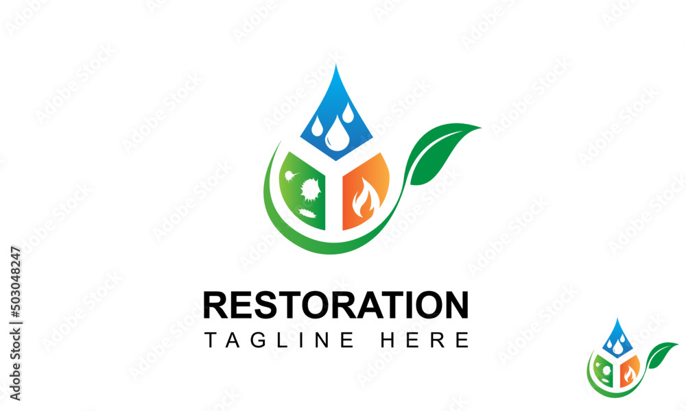 Green Restoration Logo Design Template With Water Drop and Leaf. Water ...