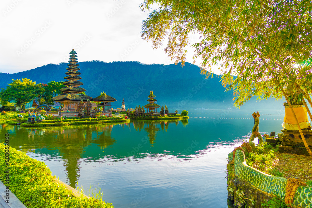 Pura Ulun Danu Bratan, Hindu temple on Bratan lake landscape, one of ...