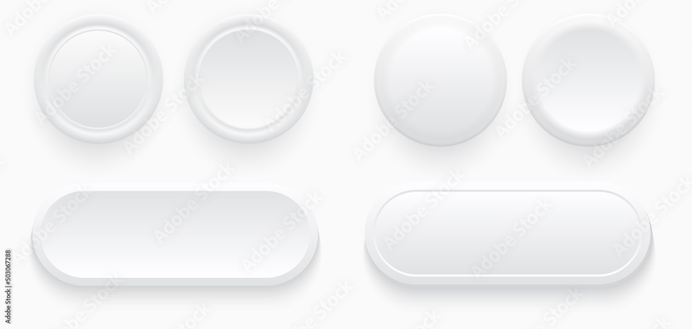 White buttons for user interface, simple circle 3D modern design for ...