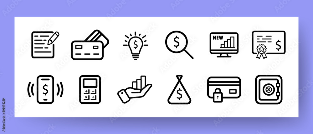 Money set icon. Map, Application, Resume, Lamp, Idea, Career, Magnifier ...