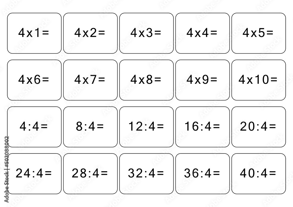 Multiplication and division table of 4. Maths card with an example ...