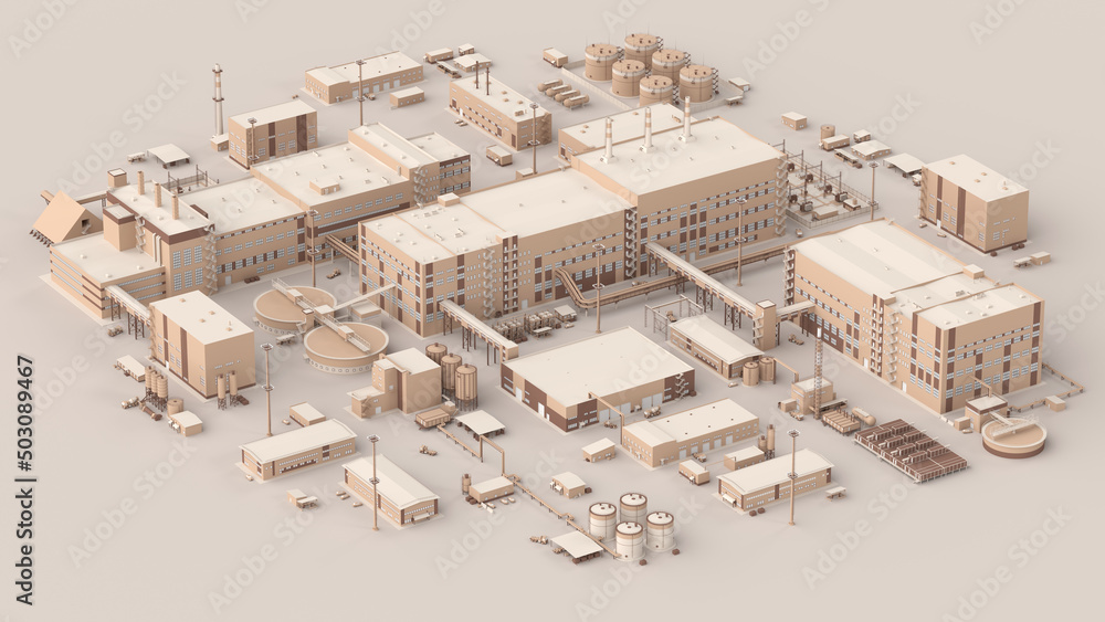 Factory miniature. Isometric industrial buildings, equipment, pipes ...