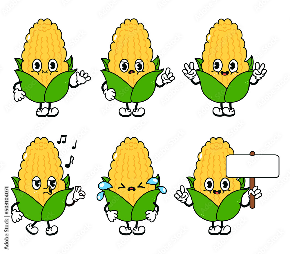 Funny cute corn characters bundle set. Vector hand drawn doodle style ...
