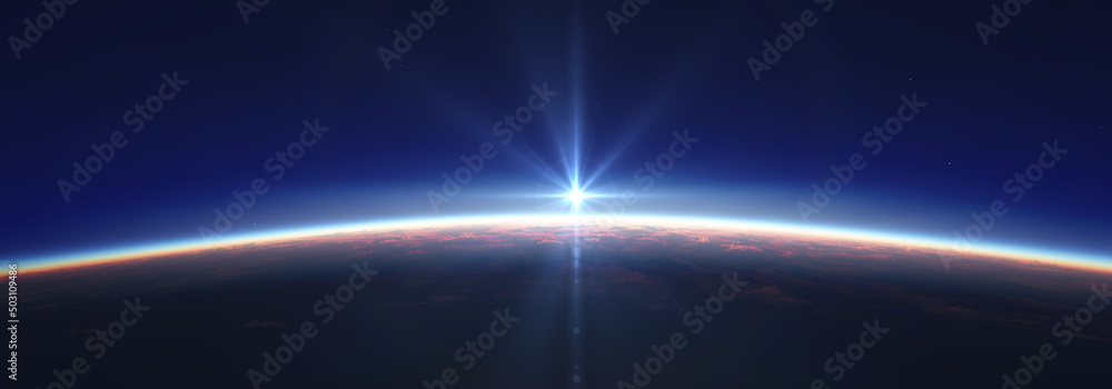 Earth sunrise from space over cloudy ocean. 3d rendering Stock Illustration | Adobe Stock