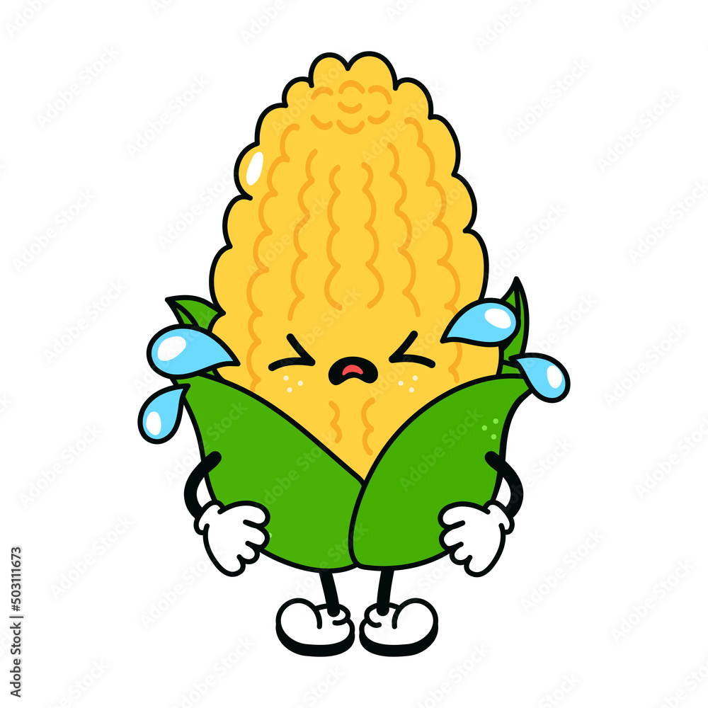 Cute funny crying sad corn character. Vector hand drawn traditional ...