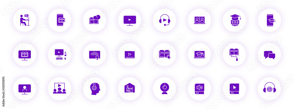 e learning purple color silhouette icons on light round buttons with ...