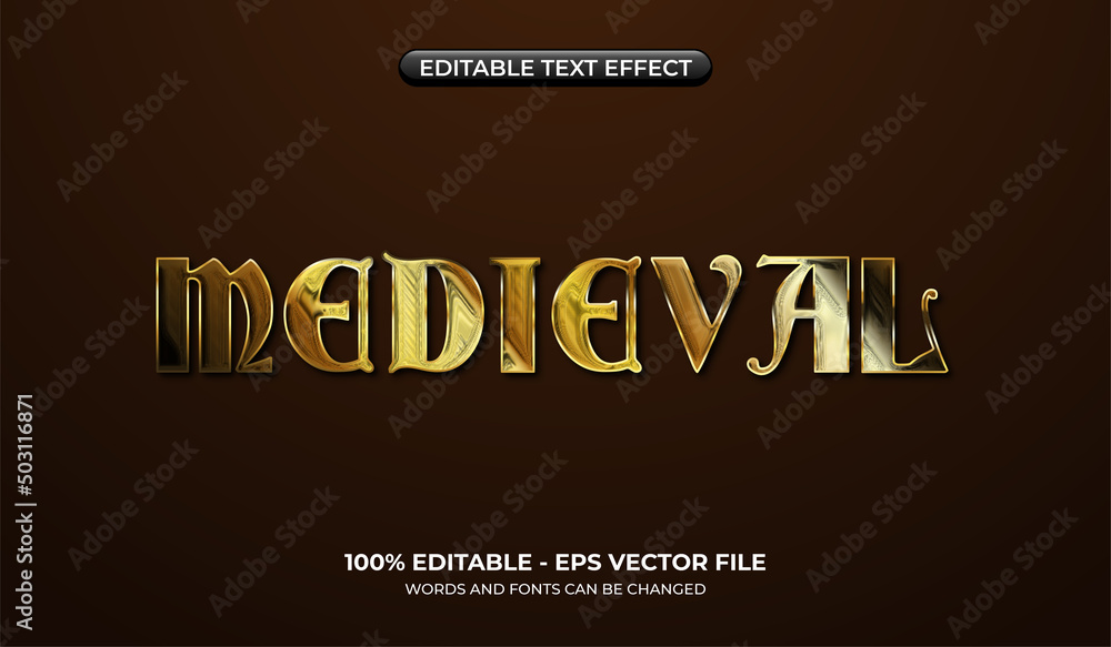 Golden medieval text effect. Realistic glory graphic style. Editable ...