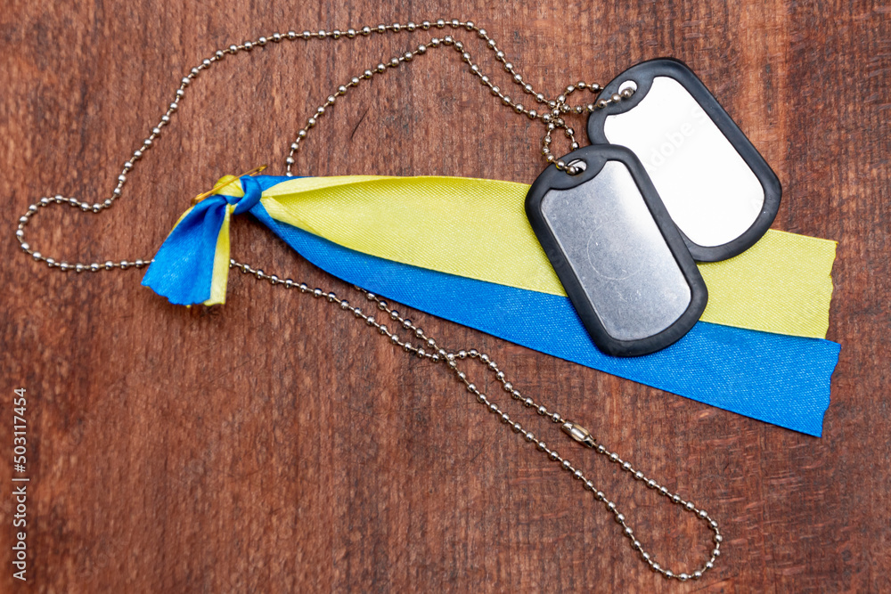 Army identification badges and yellow-blue ribbons of the Ukrainian ...