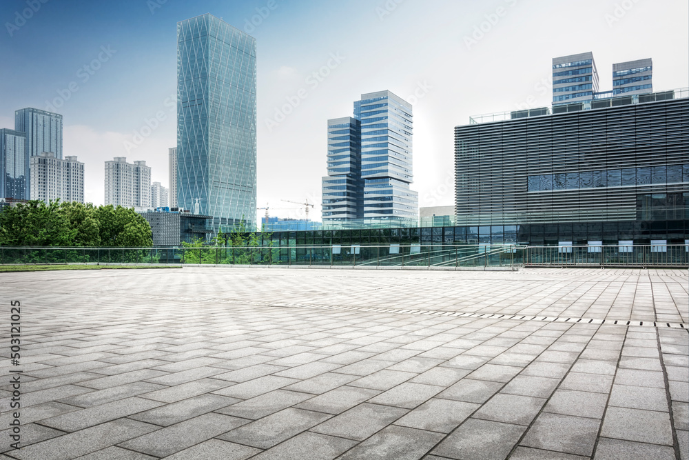 Panoramic skyline and buildings with empty concrete square floor Stock ...
