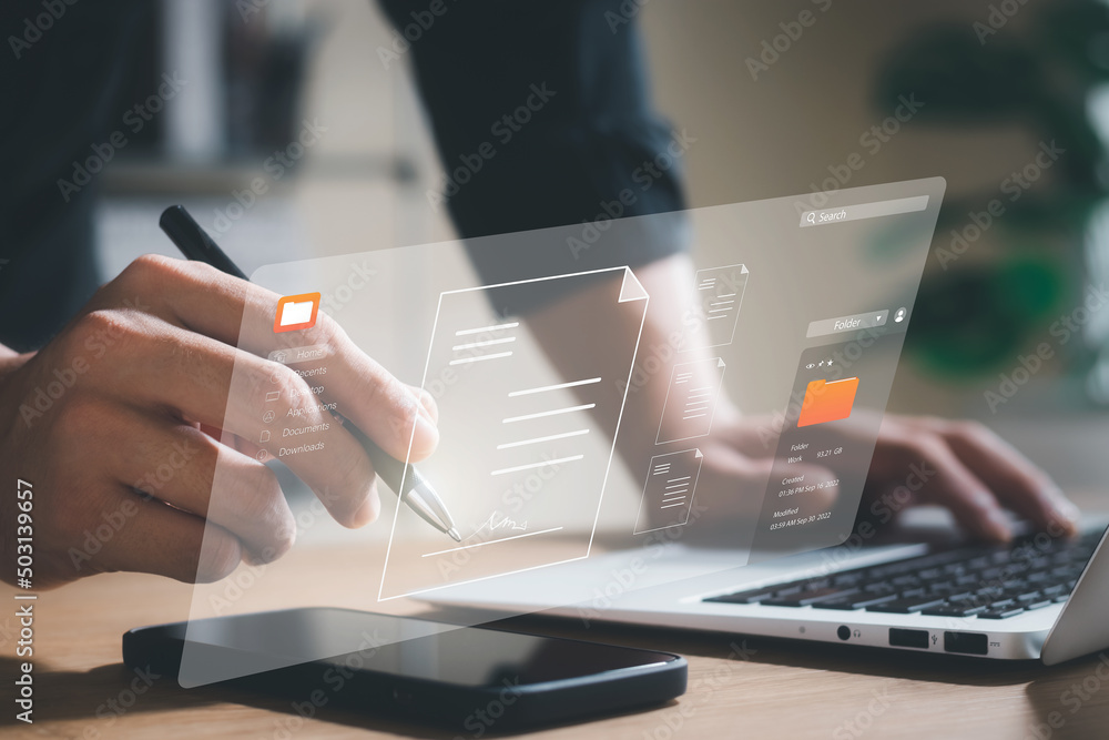 Electronic signature concept, business people sign electronic documents ...