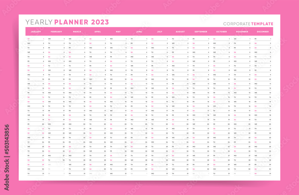 2023 yearly pink planner template. Vector corporate team work design ...