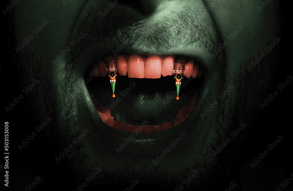 The open mouth of a vampire with fangs in the form of Kremlin towers. A ...