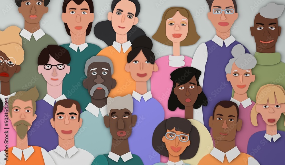 Background with lots of people, smiling to camera. People all ages, big ...