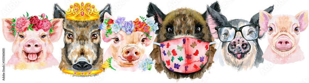 Border from pigs. Watercolor portraits of pigs and boars Stock ...