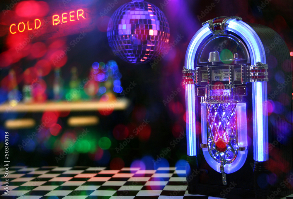Jukebox in Bar with Disco Ball and Bokeh Composite shot Stock Photo ...