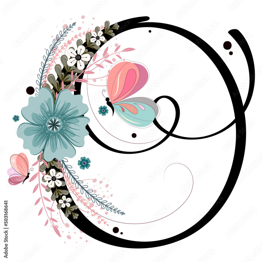 Alphabet ornaments. LETTER O floral vector with flowers, butterfly and ...