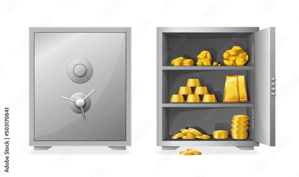 Safe with gold. Cartoon hidden golden bars. Open or closed strongbox ...