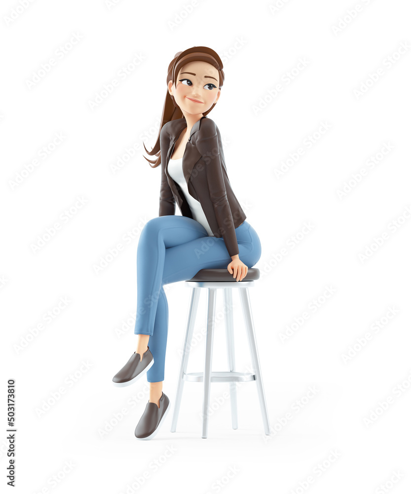 3d cartoon woman sitting on a stool Stock Illustration | Adobe Stock