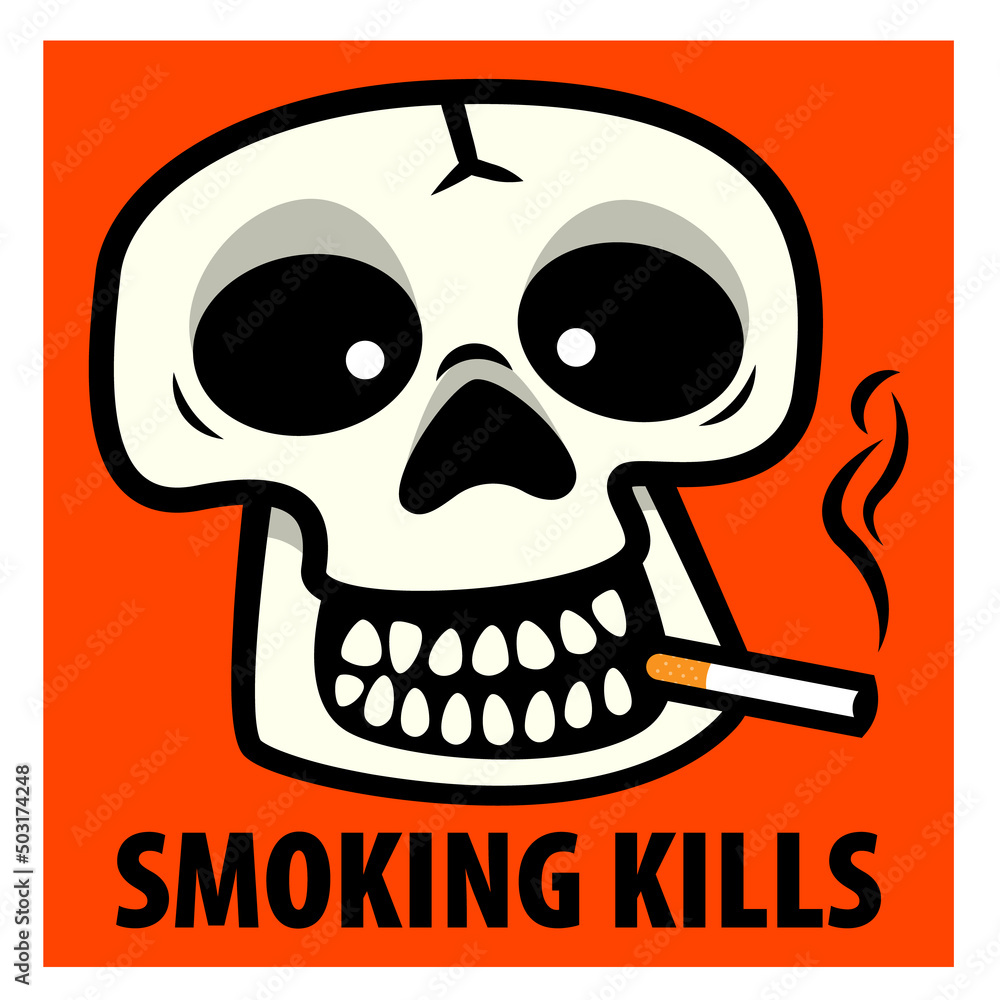 Cartoon illustration of skull smoking a cigarette, with smoking kills ...