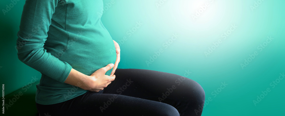 Young Pregnant Woman Holds Her Hands On Her Swollen Belly Love Concept