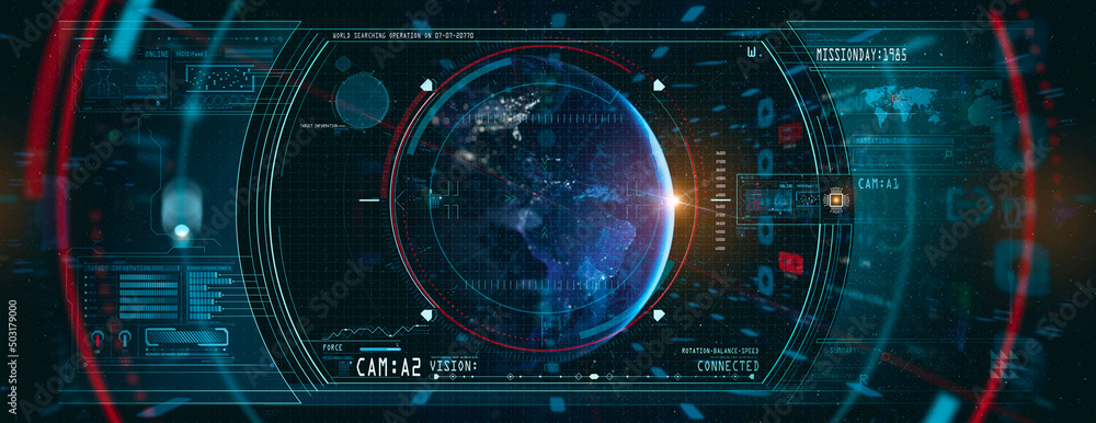 HUD ui futuristic user interface.3d global world map and business data ...
