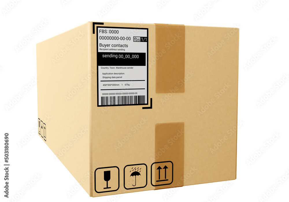FBS package. Fulfillment by seller. Cardboard box with fragile symbols ...