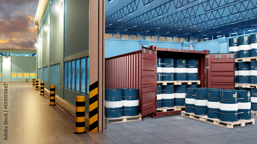 Warehouse of chemical products. Barrels with chemicals in shipping ...