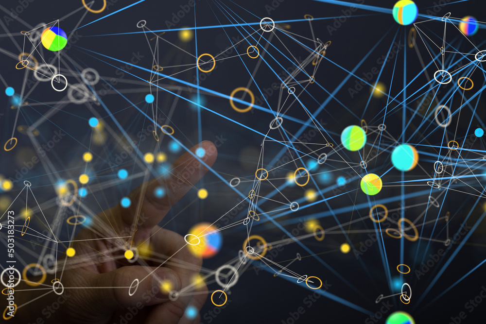 Global network. Blockchain. 3D illustration. Neural networks and ...
