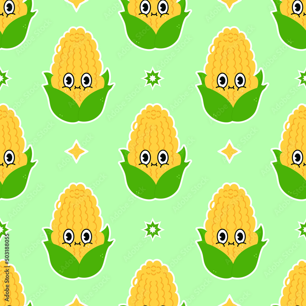 Cute funny corn concept seamless pattern. Vector hand drawn cartoon ...