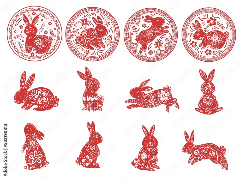 Zodiac rabbit. Chinese lunar new year animal with flowers ornaments ...