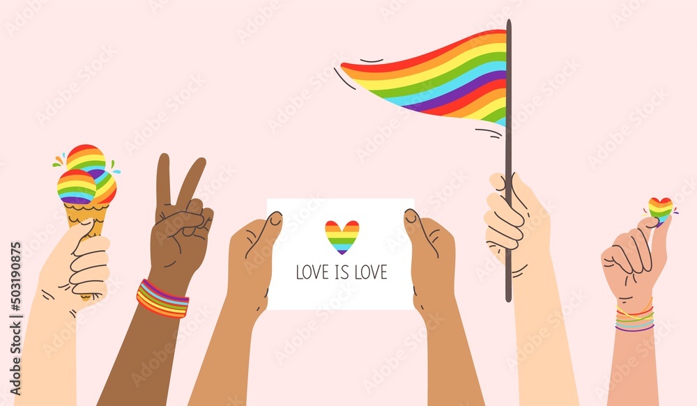 Pride hands. LGBT parade, people hold in hand rainbow flag, poster and ...