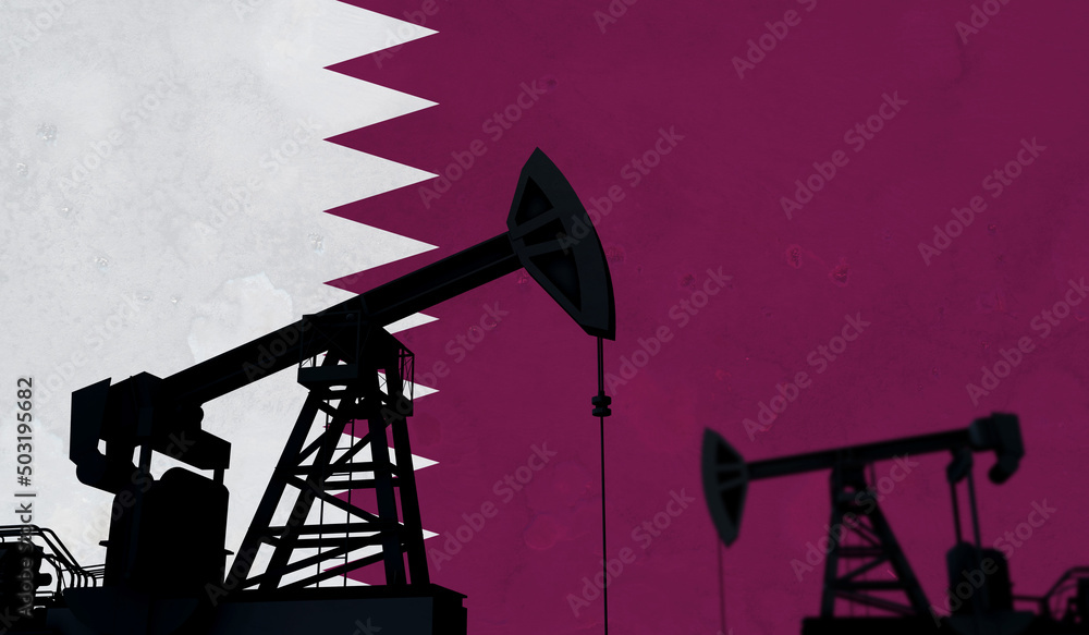 Oil and gas industry background. Oil pump silhouette against qatar flag ...