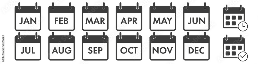 Yearly calendar icons set. All twelve months with names in abbreviated ...