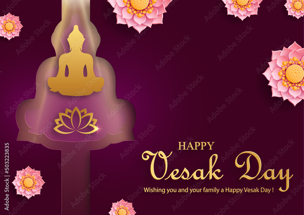 Vetor de Happy Vesak Day card with Buddha symbols and oriental Asian ...