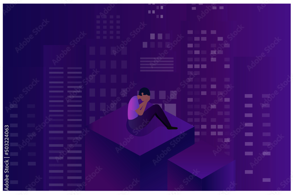 Sad and depressed man hug his knee sitting on rooftop. Unhappy and ...