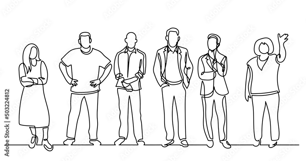 continuous line drawing of diverse group of standing people Stock ...