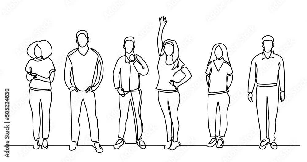 continuous line drawing of diverse group of standing people Stock ...