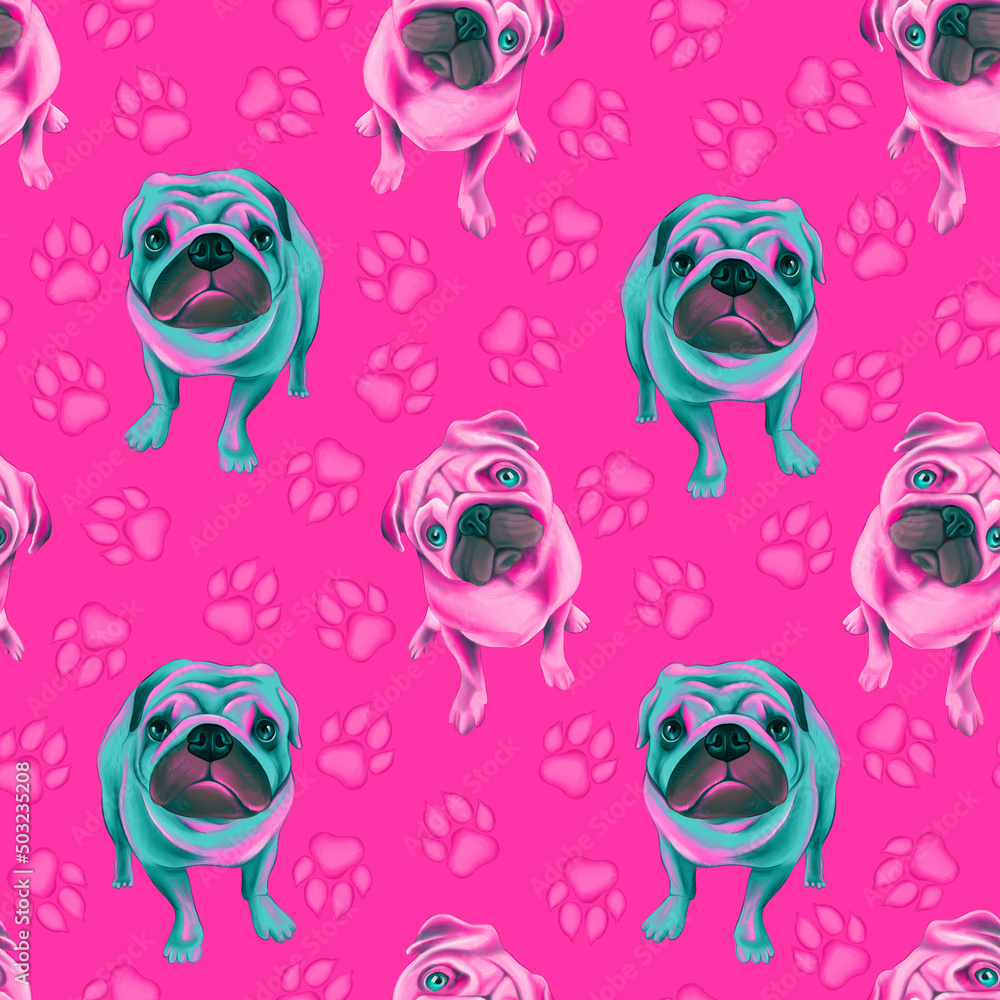 seamless pattern with pug dogs on a bright pink background with paw ...