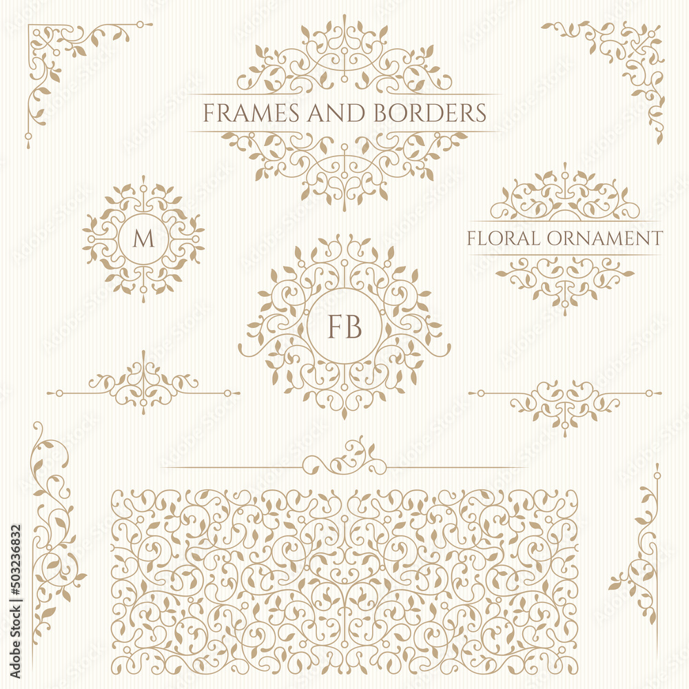 Floral monograms and borders, frames, corners, seamless pattern for ...