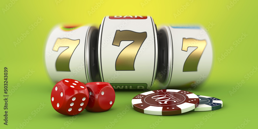 Slot machine with lucky sevens jackpot and dace with chips. Clipping ...