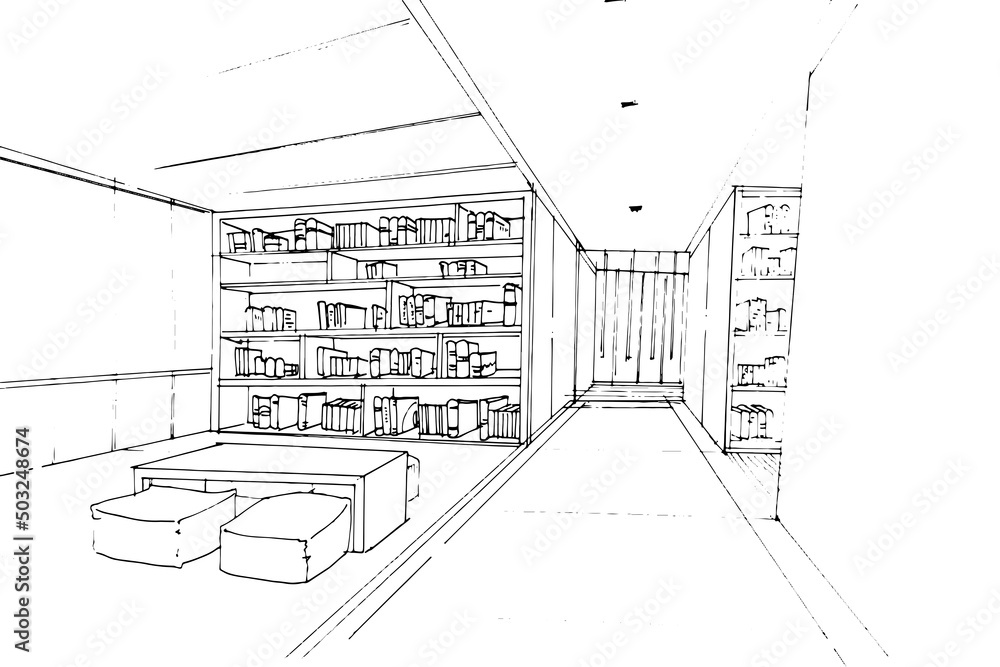 sketch drawing library area and bookshelf with seating and aisle,Modern ...